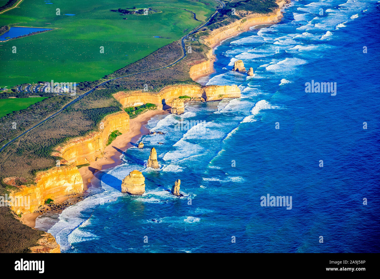 An aerial panoramic view of the Twelve Apostles within Port Campbell ...