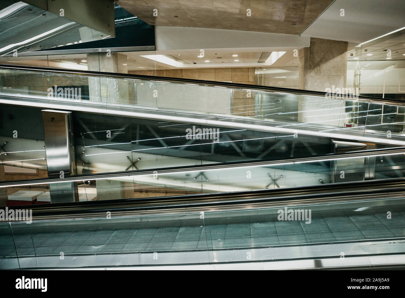 View of a modern escalator or moving staircase without people Stock ...
