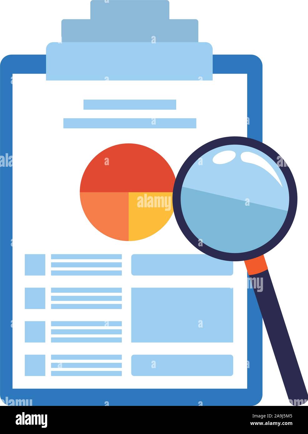 magnifying glass and clipboard with document with graphic charts Stock ...