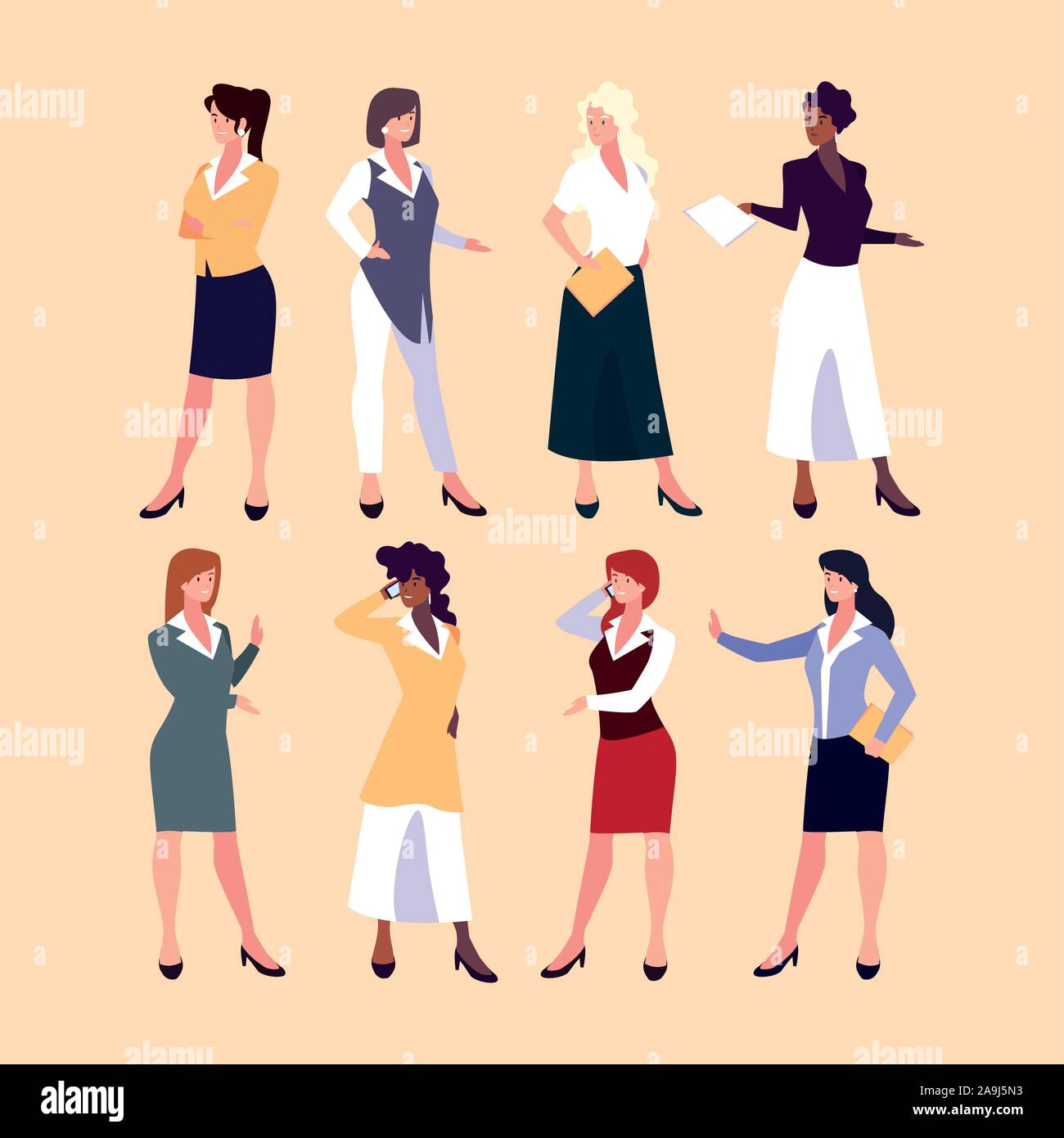 set of businesswomen with various views, poses and gestures vector ...