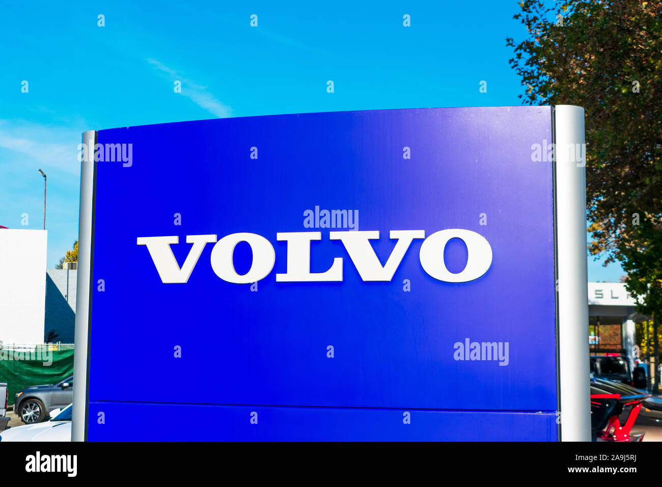 Volvo sign and logo at Swedish automotive manufacturer dealership Stock ...