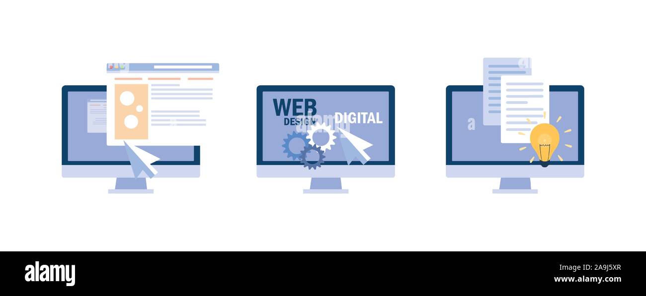 set of desktop computer screens , web programming process vector ...