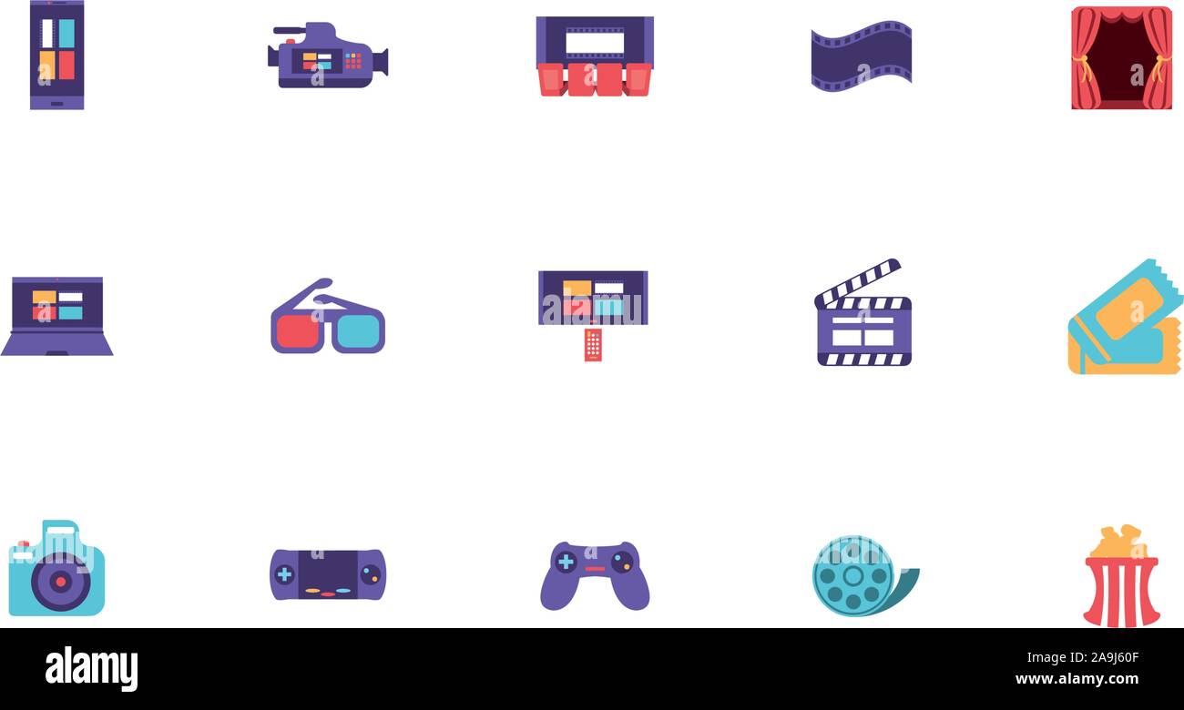 set of icons of entertainment on white background vector illustration ...