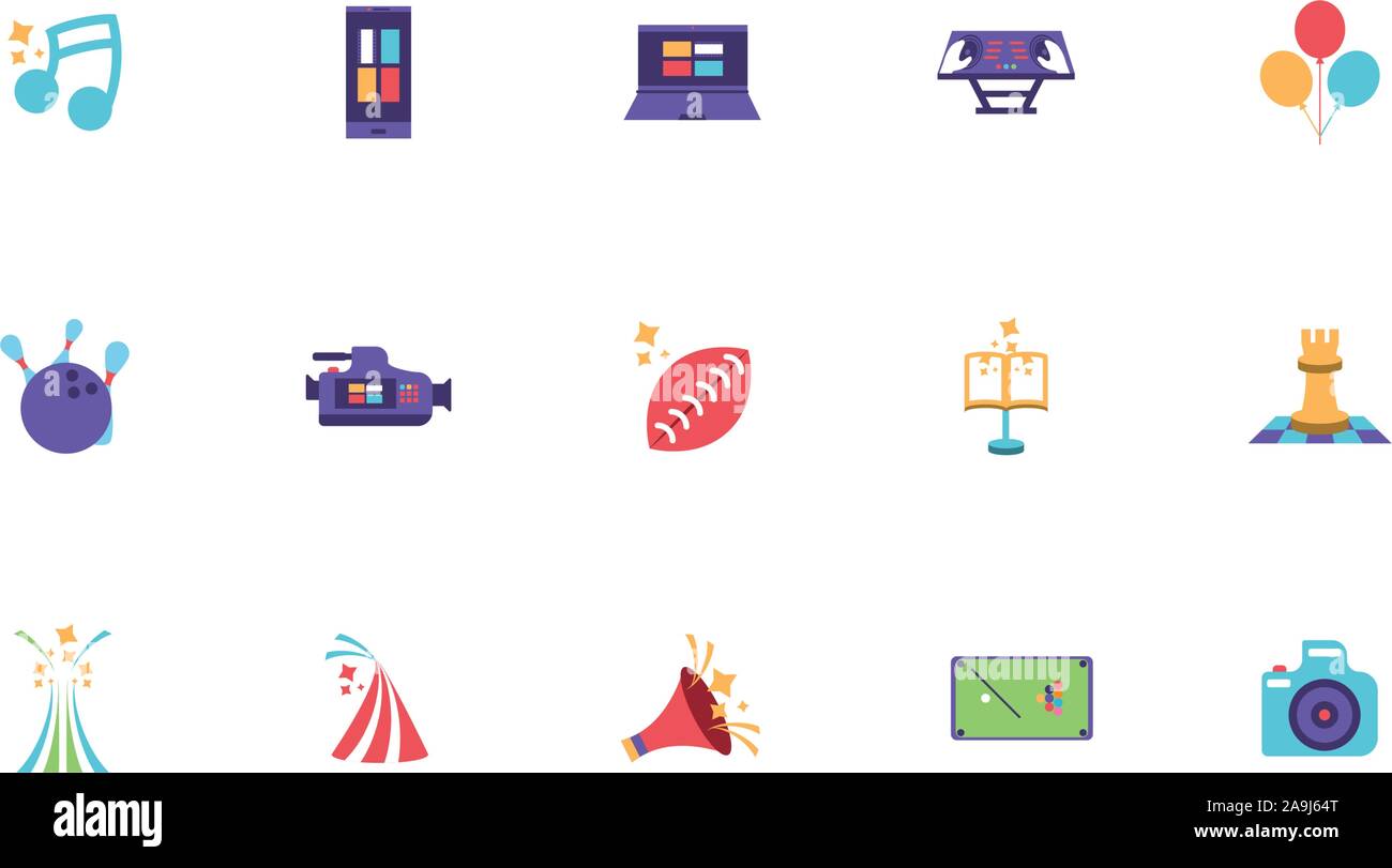 set of icons of entertainment on white background vector illustration ...