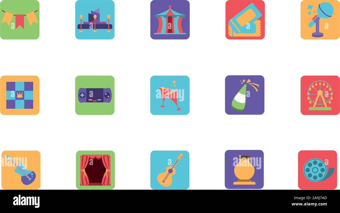 set of icons of entertainment on white background vector illustration ...