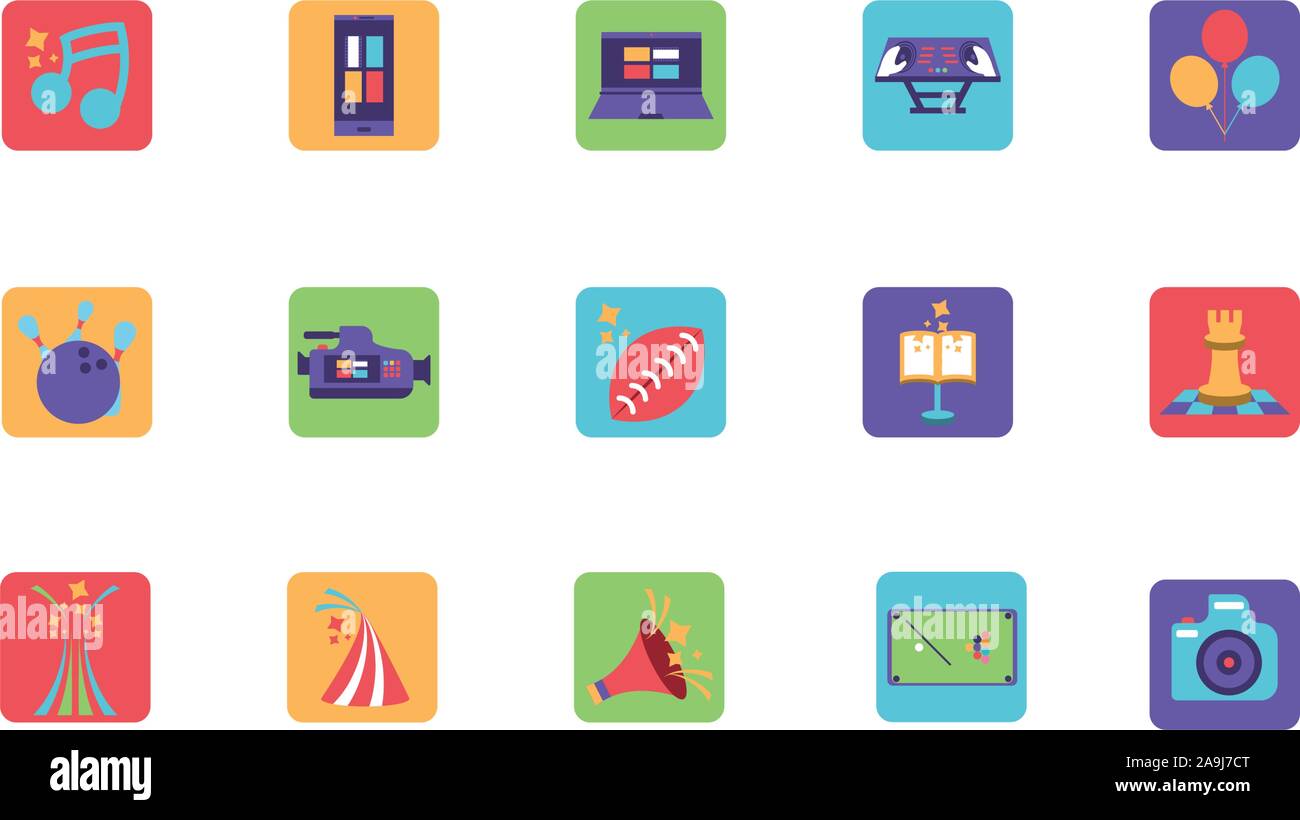 set of icons of entertainment on white background vector illustration ...