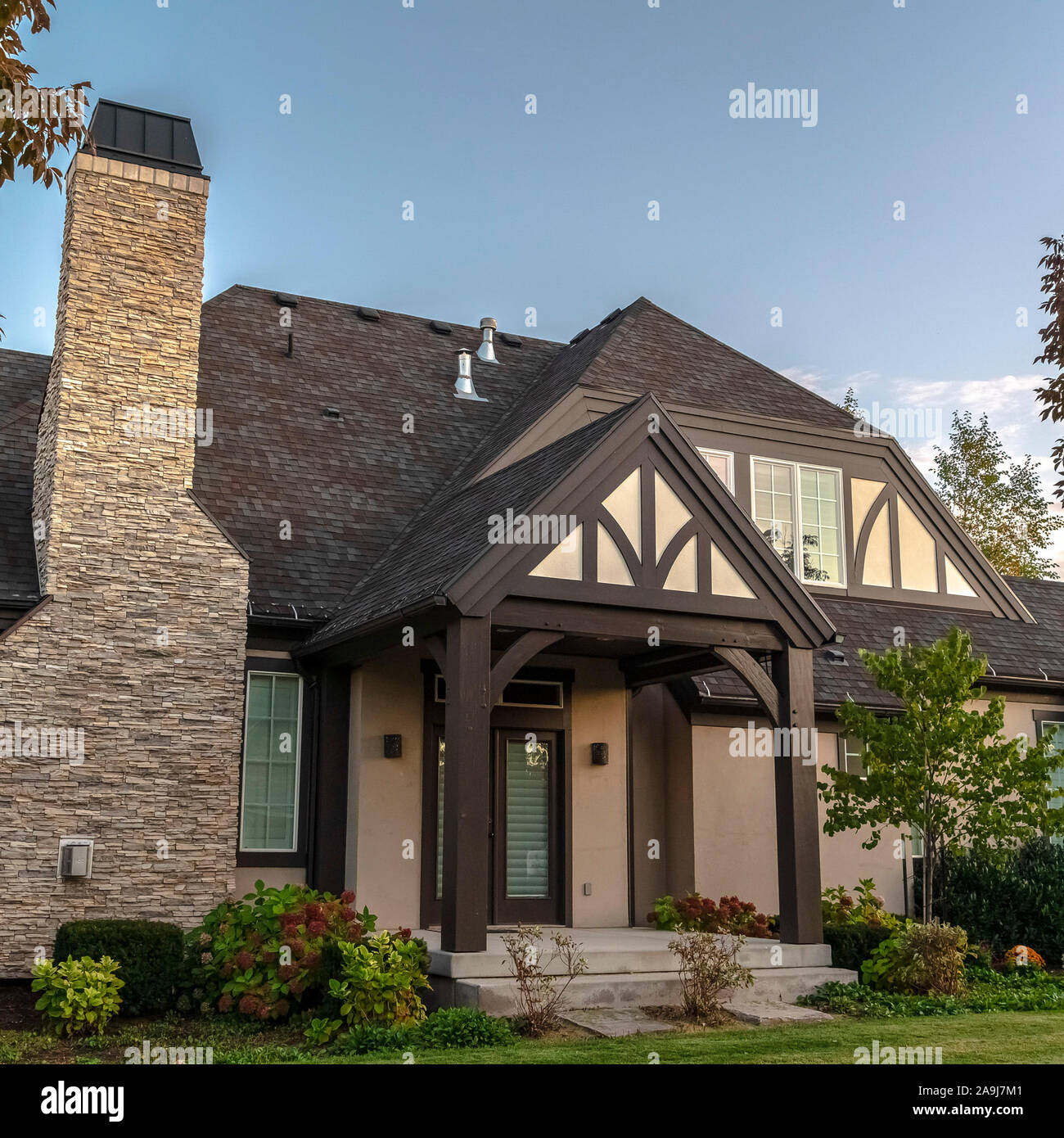 Square frame Residential house with feature brick chimney day Stock ...