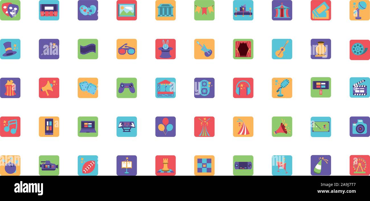 set of icons of entertainment on white background vector illustration ...