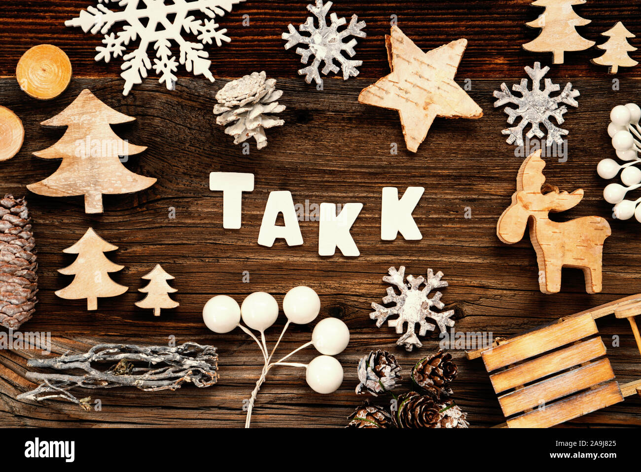 Christmas Decoration, Takk Means Thank You, Tree And Sled Stock Photo ...