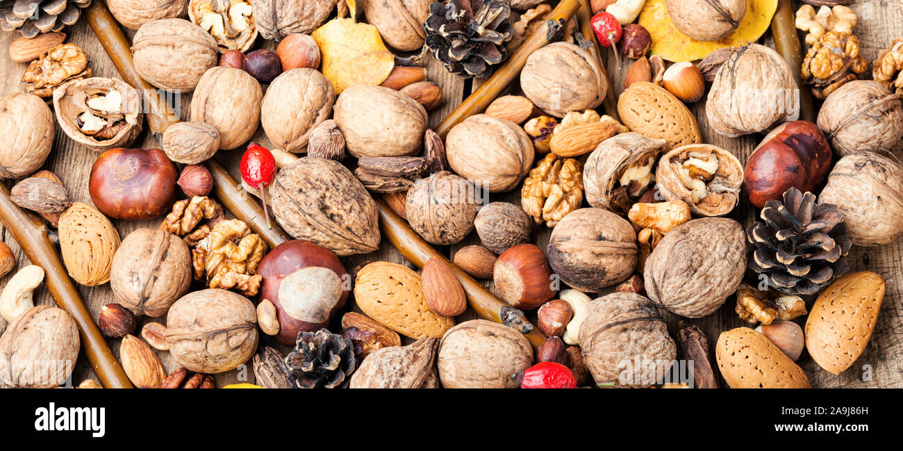 Different types of nuts.Natural background made from different kinds of ...