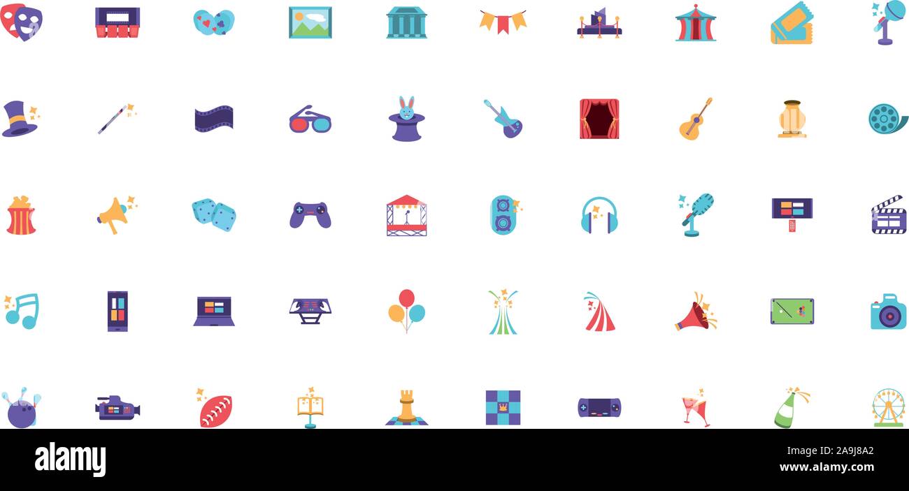 set of icons of entertainment on white background vector illustration ...