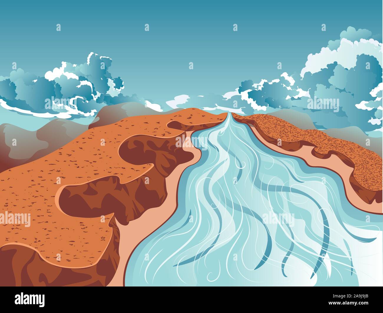 Blue river flowing through the high mountain landscape background Stock ...