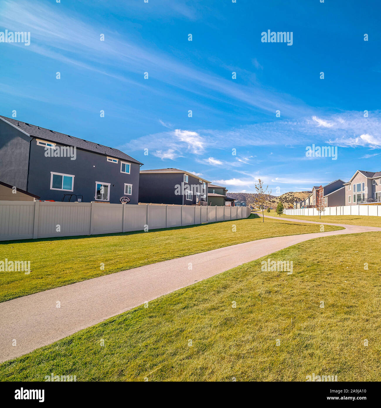 Square frame Empty pedestrian walkway on a residential estate Stock ...