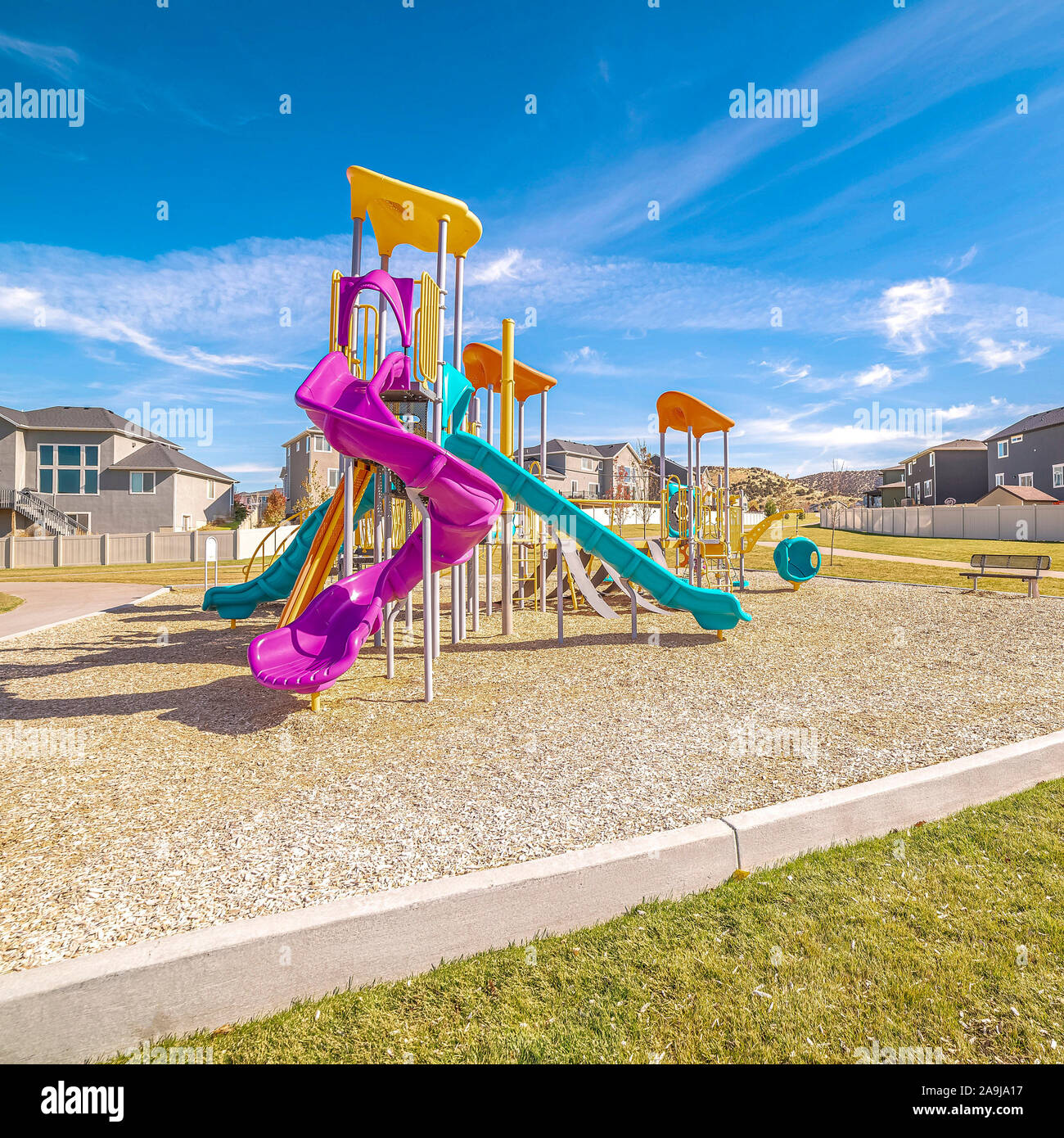 Square frame Brightly colored apparatus on a kids playground Stock ...