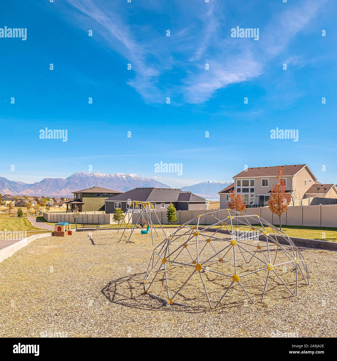 Square frame Kids playground with climbing dome in urban park Stock ...