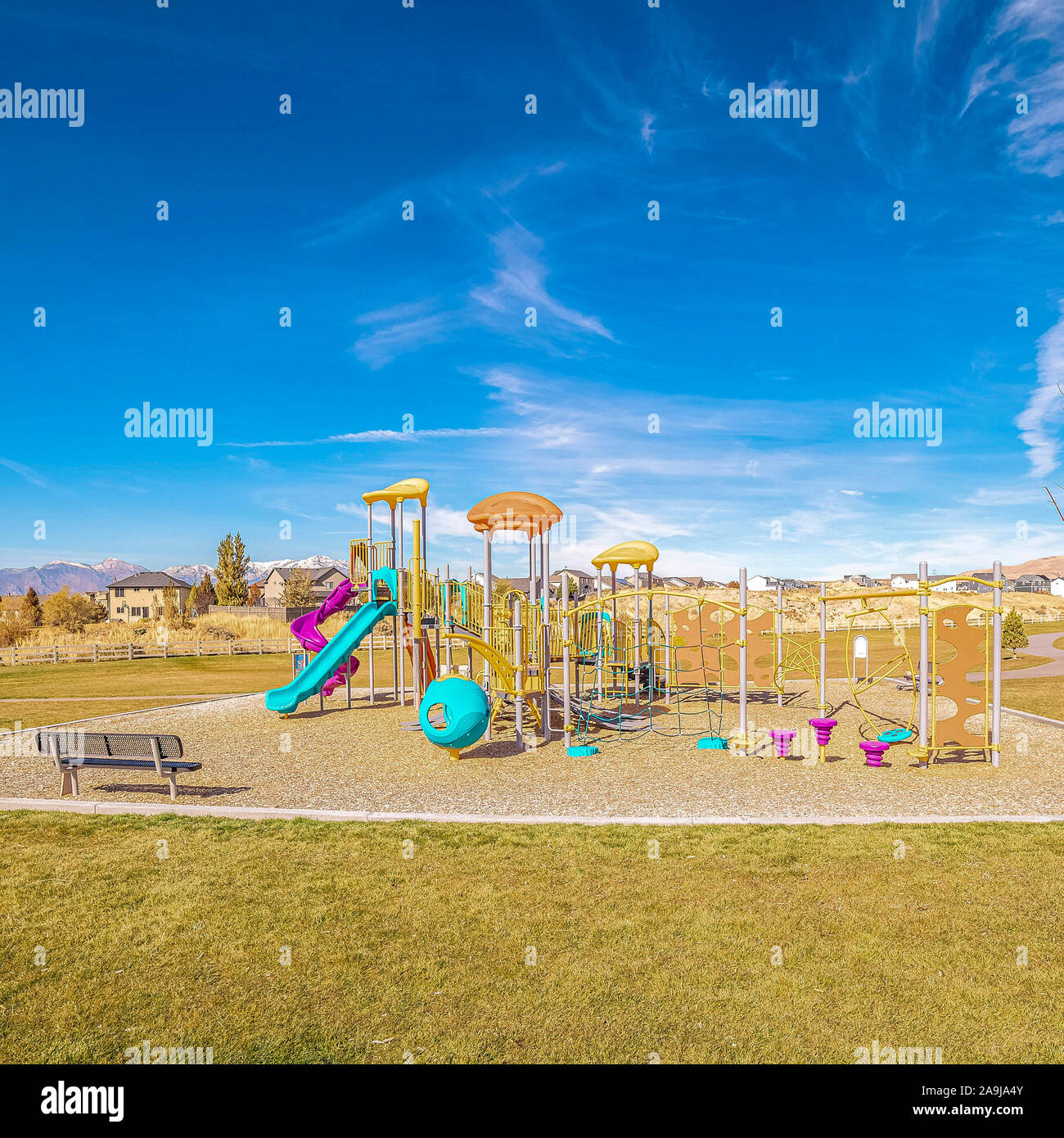 Square frame Well equipped small kids playground during day Stock Photo ...