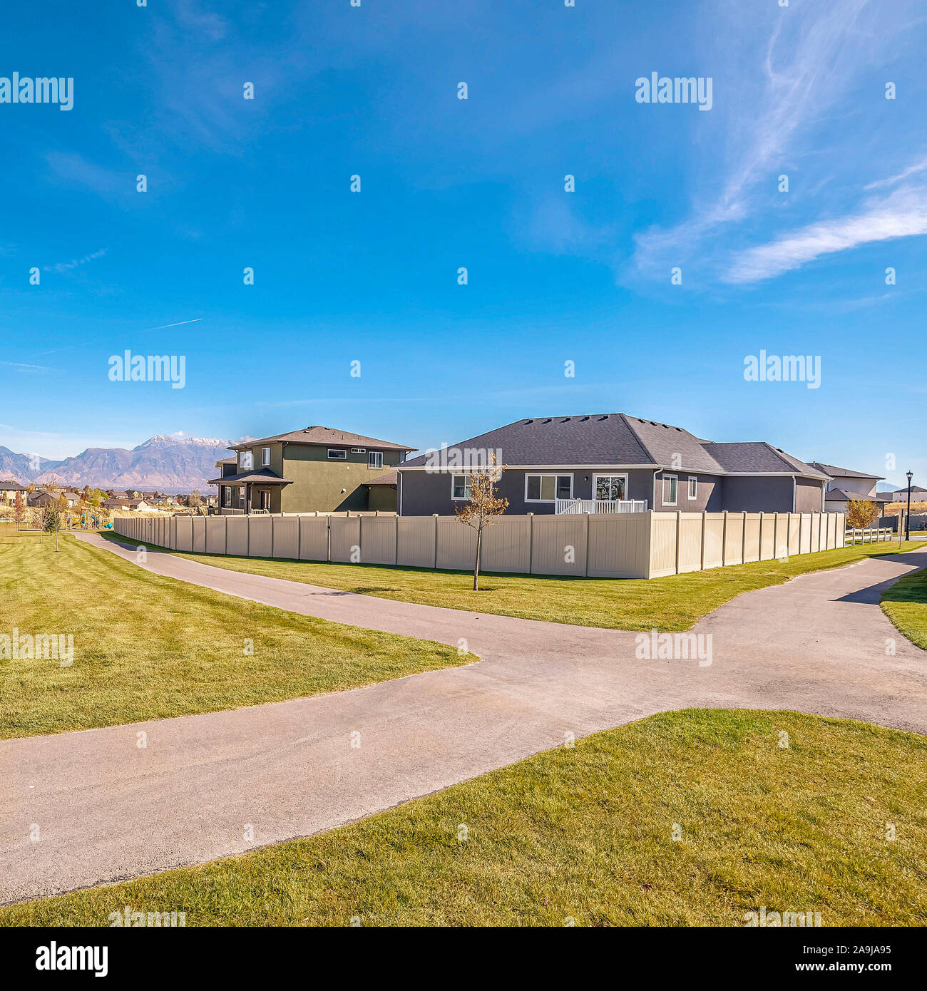 Square frame Two intersecting paved pedestrian walkways during day ...