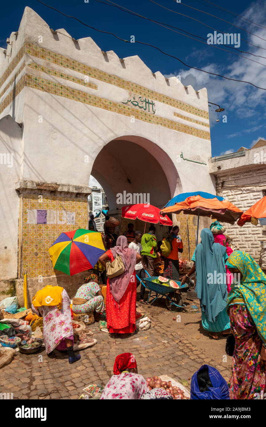 Ethiopia, East Hararghe, Harar, Harar Jugol, Shewa Gate, colourfully ...