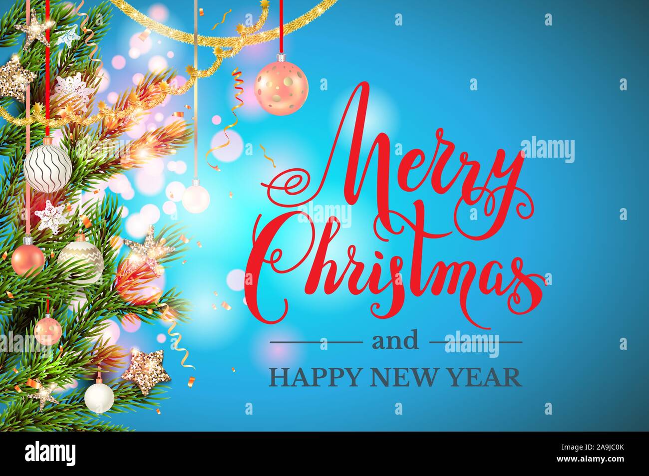 Blue fairy background template with beautiful Christmas tree branches ...