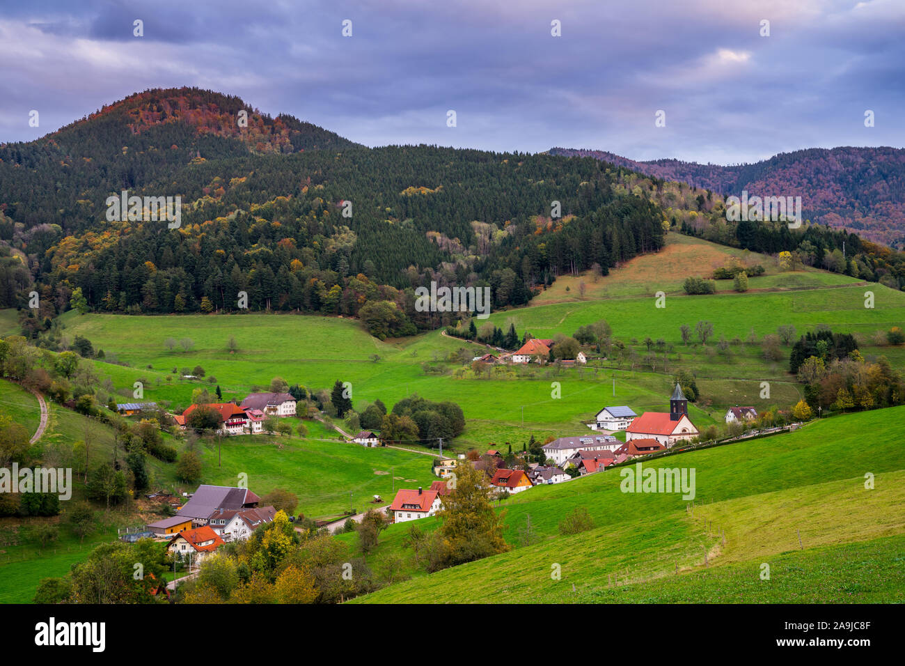 Germany, Black forest village elzach yach houses and church in idyllic ...