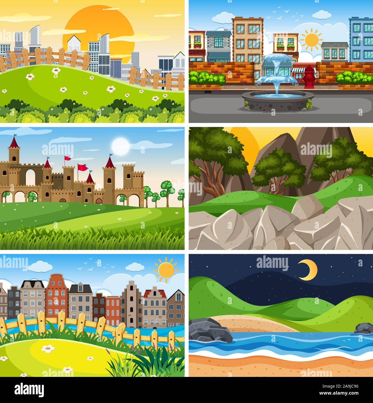 A set of outdoor scene including building illustration Stock Vector ...