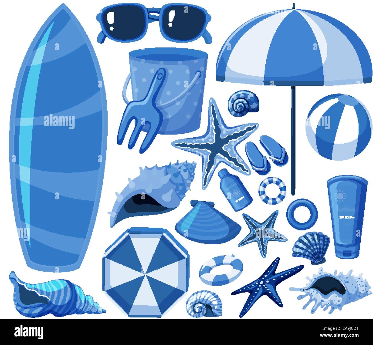 Isolated beach items set in blue color illustration Stock Vector Image ...