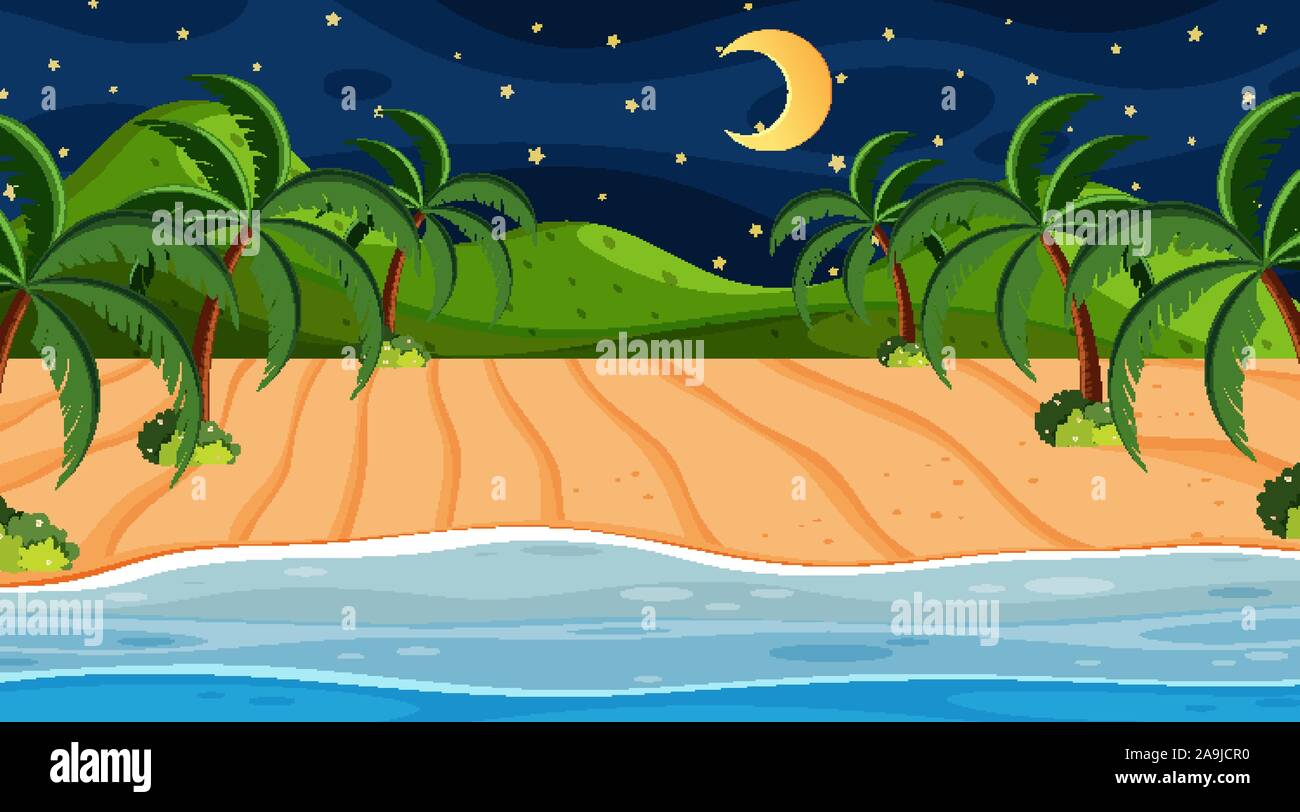 Nature scene with ocean at night illustration Stock Vector Image & Art ...