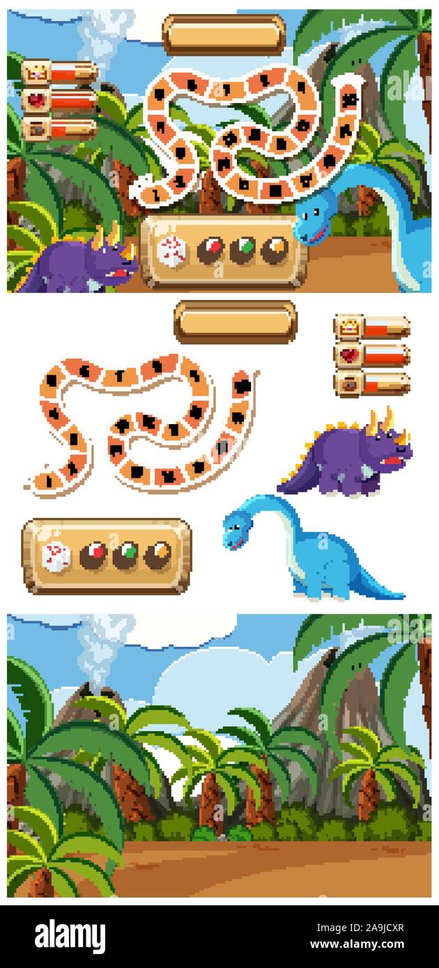 Set of game with dinosaurs and volcano illustration Stock Vector Image ...