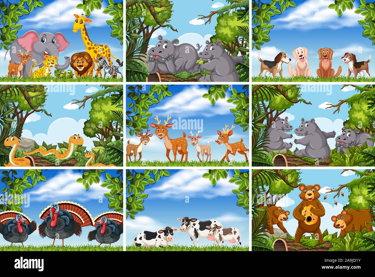 Set of various animals in nature scenes illustration Stock Vector Image ...