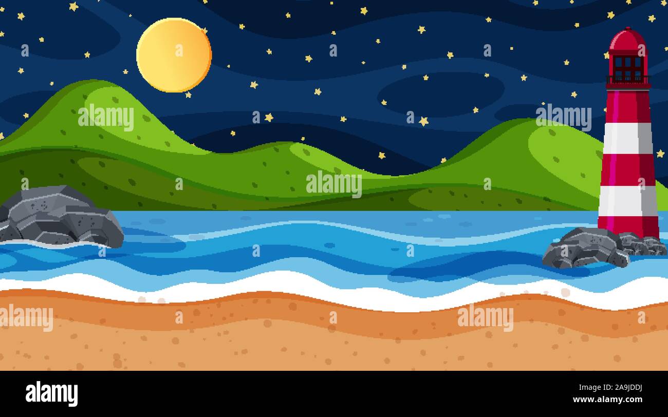 Nature scene with ocean at night illustration Stock Vector Image & Art ...