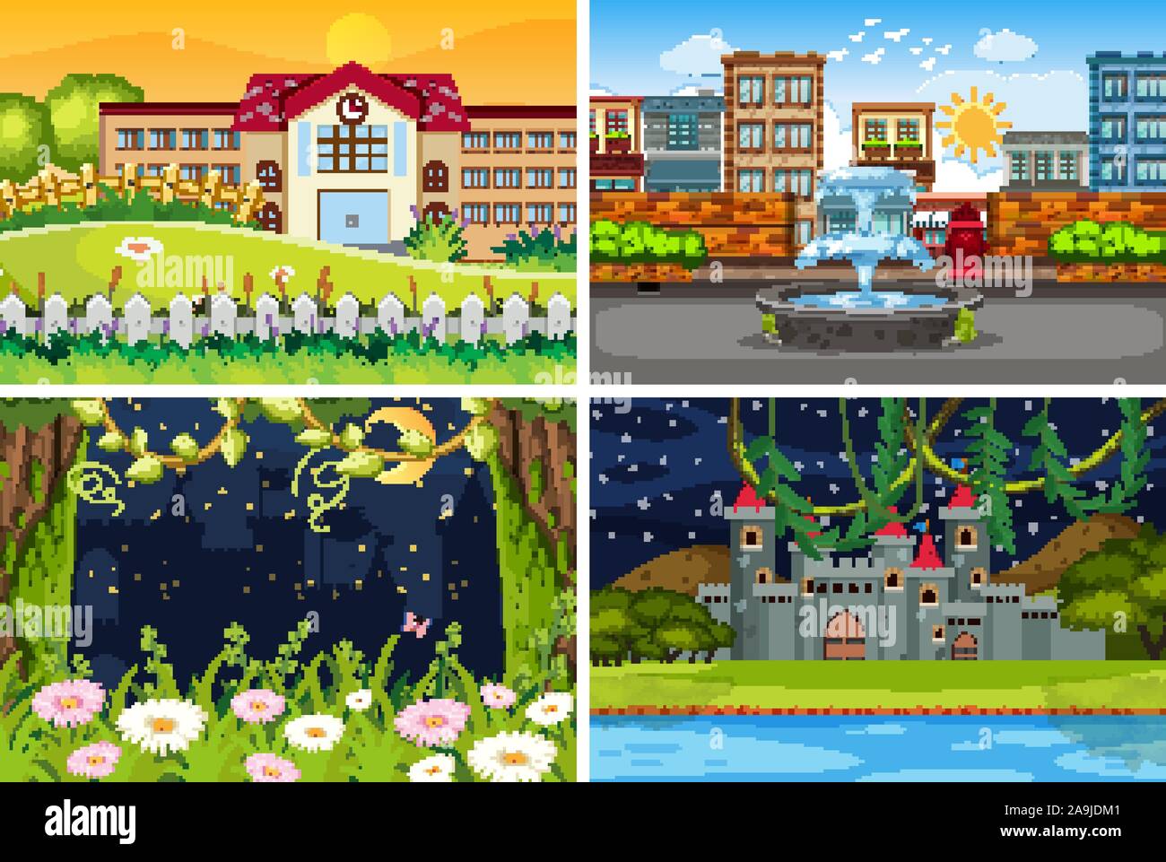 A set of outdoor scene including building illustration Stock Vector ...