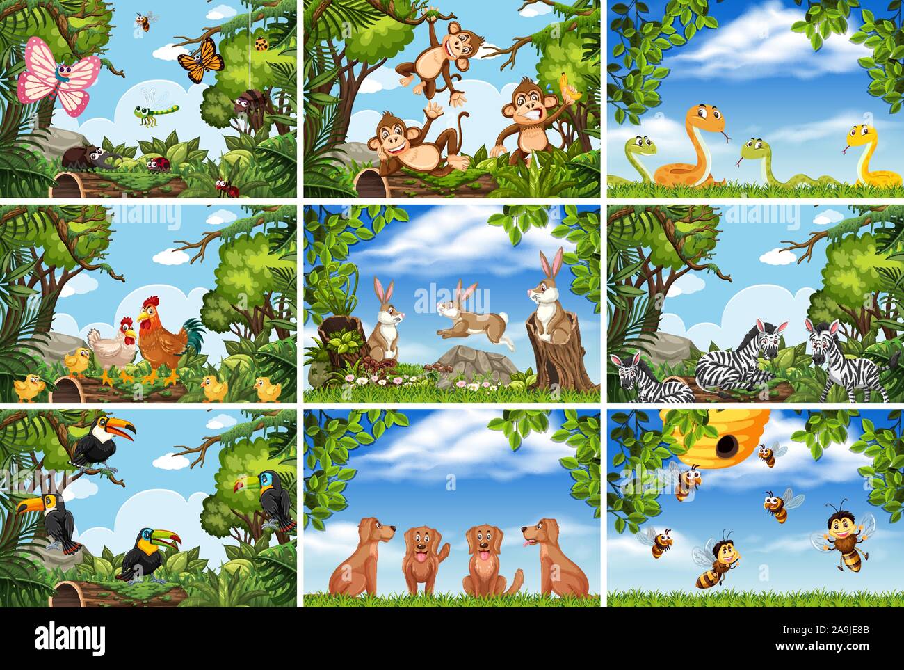 Set of various animals in nature scenes illustration Stock Vector Image ...
