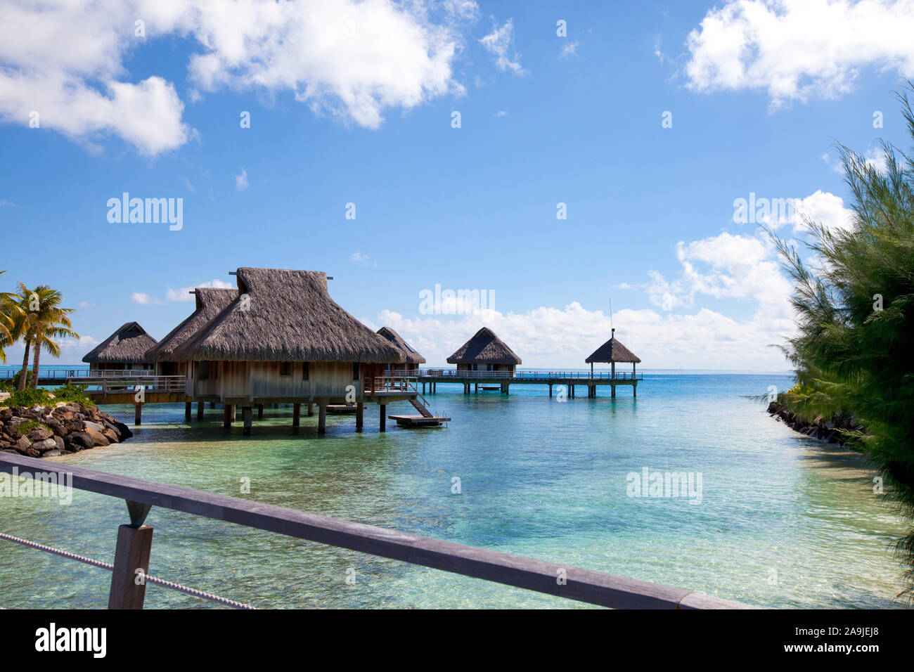 authentic traditional Polynesian houses with thatched roof above the ...