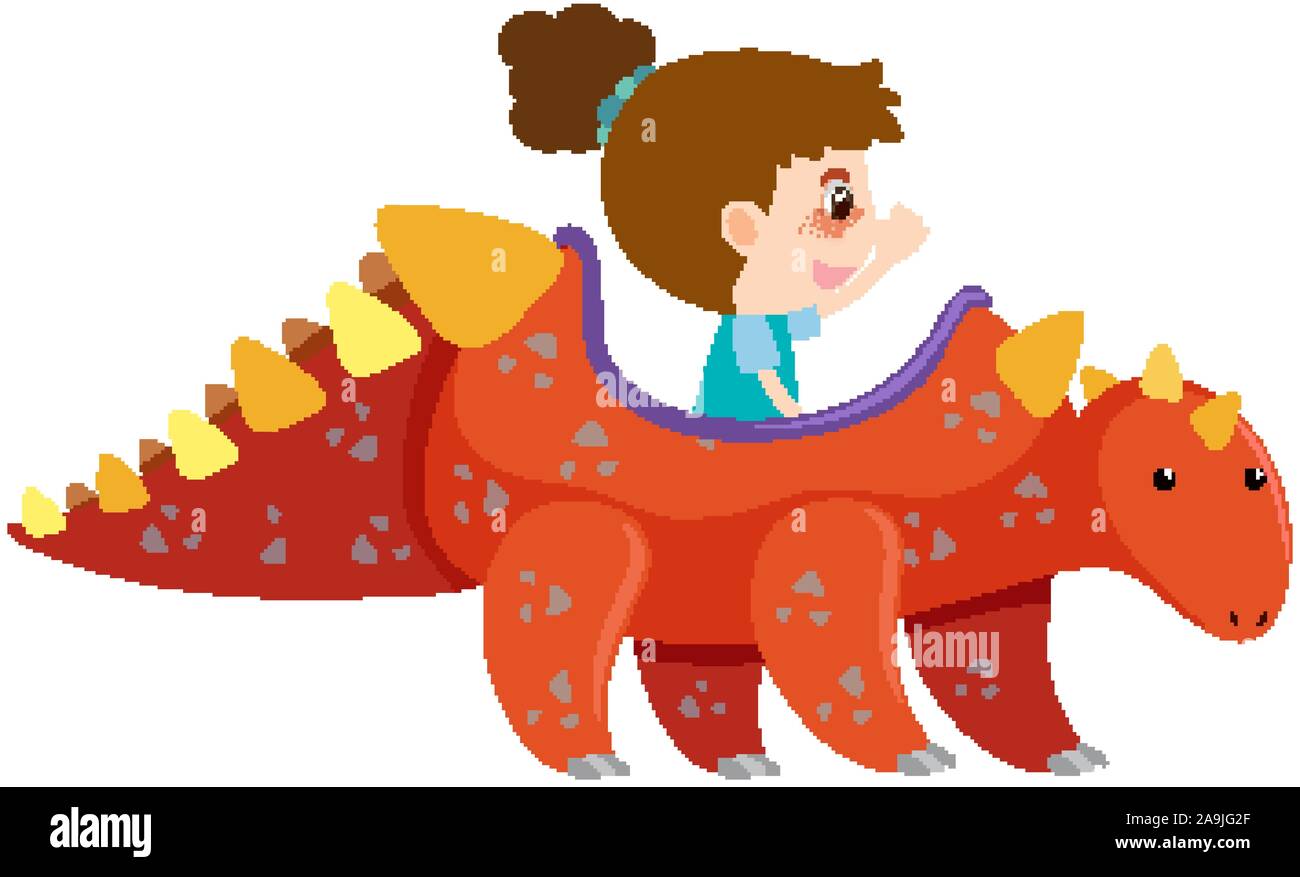 Single character of girl riding dinosaur on white background ...