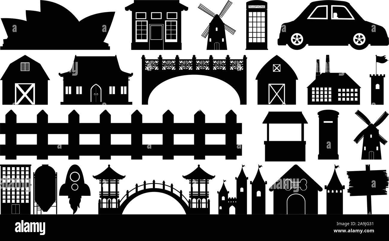 Set of sihouette isolated objects theme - buildings illustration Stock ...