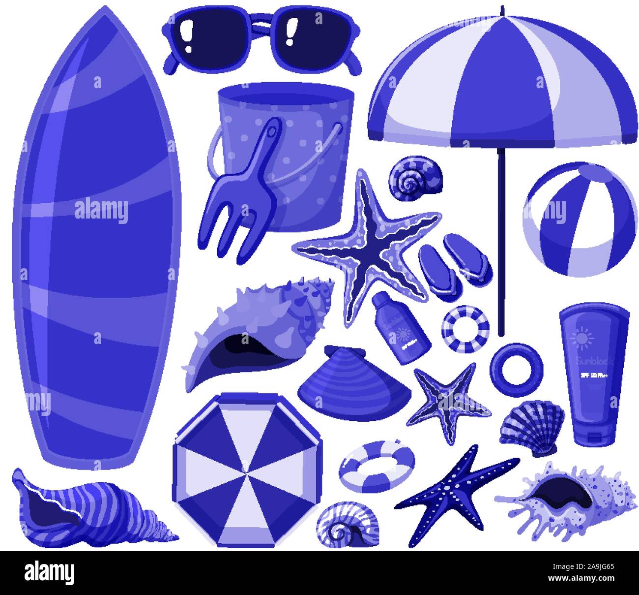 Isolated beach items set in blue color illustration Stock Vector Image ...
