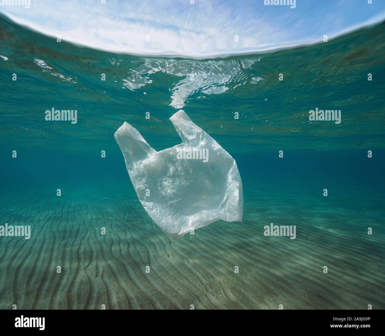 Plastic pollution underwater, a white plastic bag in the sea below ...