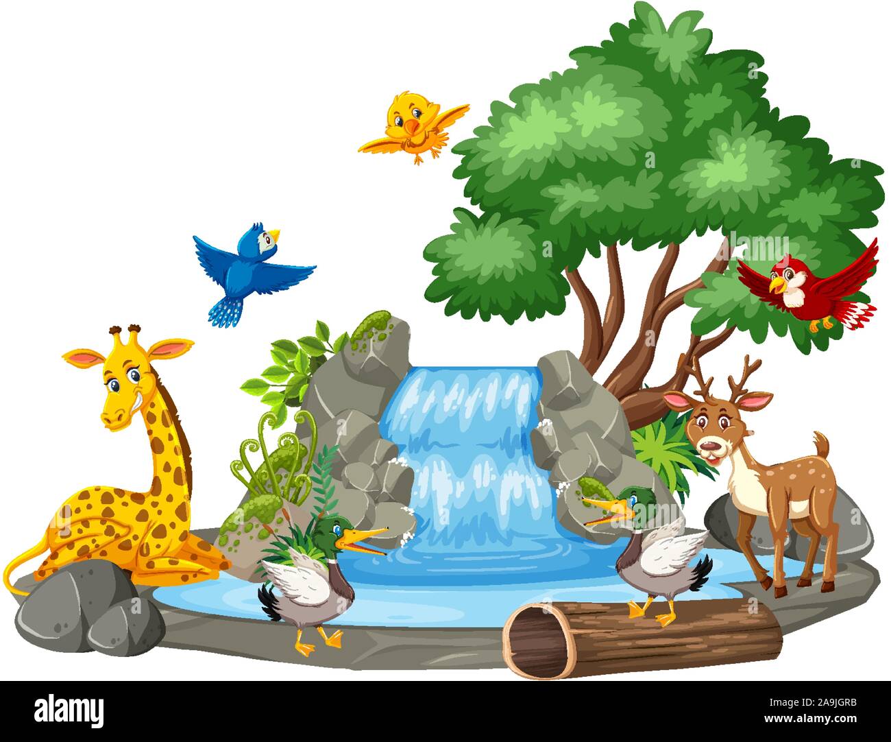 Background scene of wild animals at the waterfall illustration Stock ...