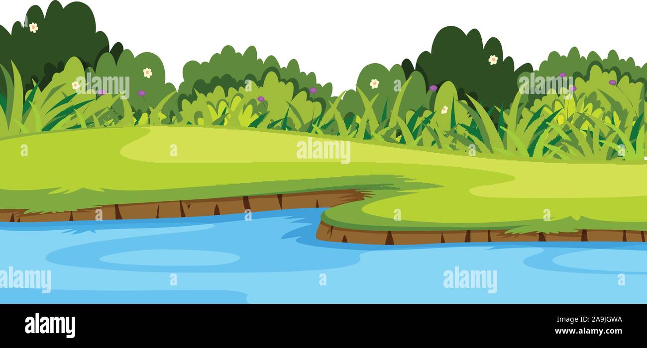 Landscape background with river and green grass illustration Stock ...