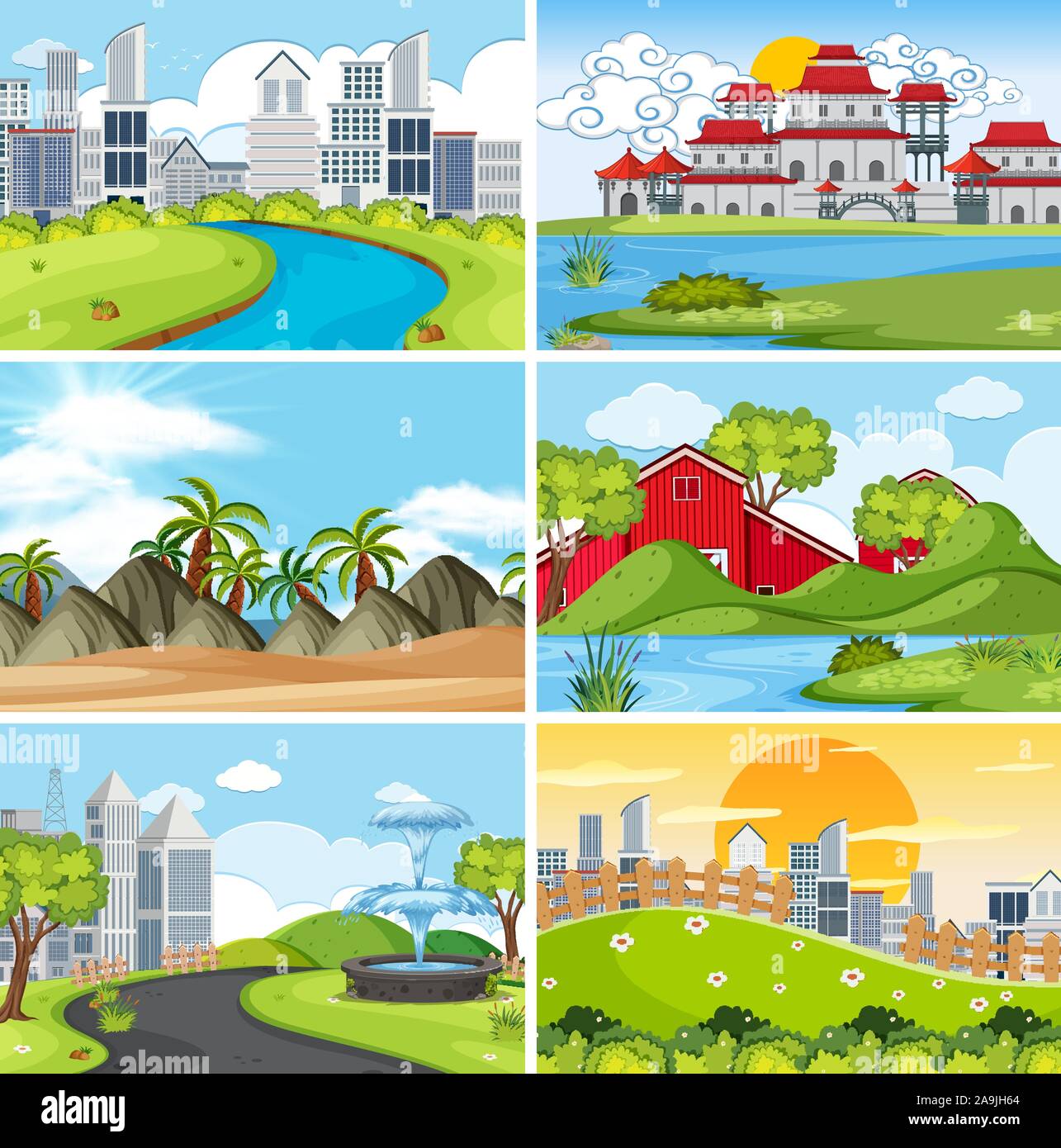A set of outdoor scene including building illustration Stock Vector ...