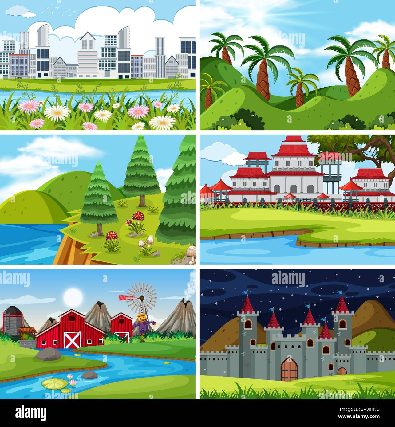 A set of outdoor scene including building illustration Stock Vector ...