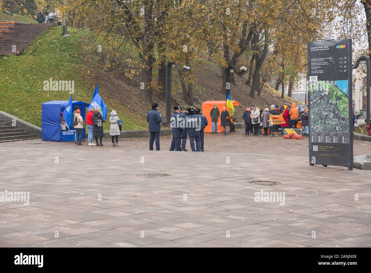 City, Kiev, Ukraine. City protest, police keep order. People walk ...