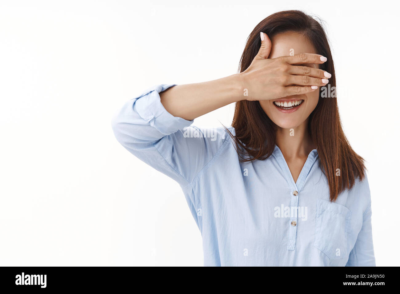 Carefree tender playful middle-aged wife close eyes counting ten till ...