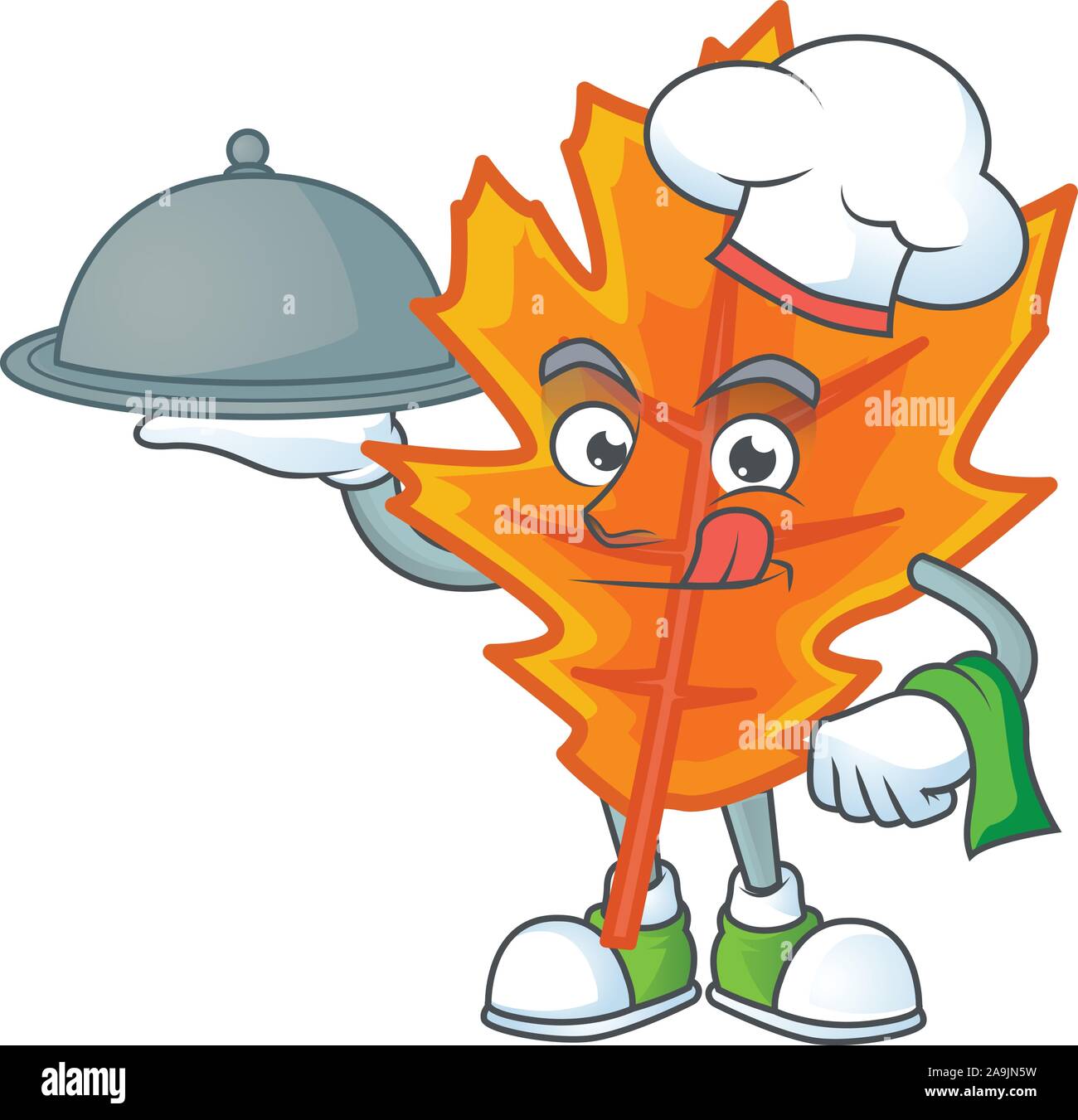 Orange autumn leaves cartoon with chef holding food mascot Stock Vector ...