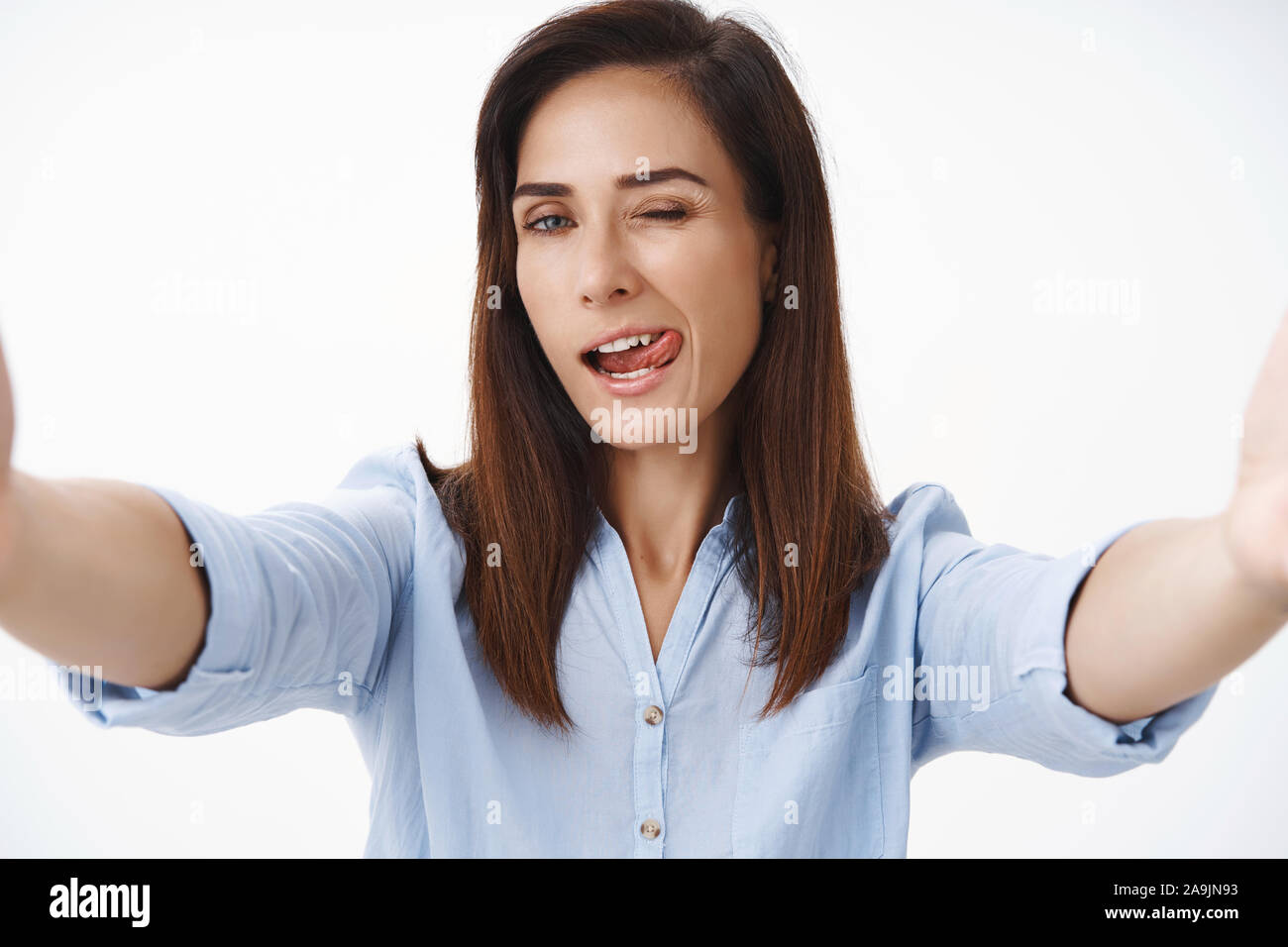 Sassy daring 30s adult woman flirting via video-call, record message ...