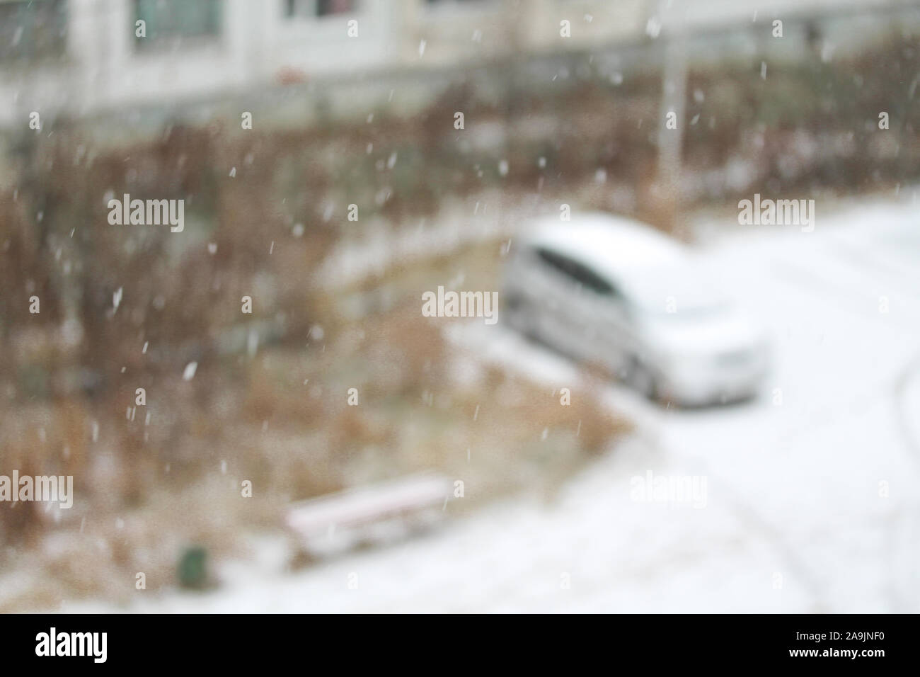Blurred winter background with snowflakes on the foreground. White ...