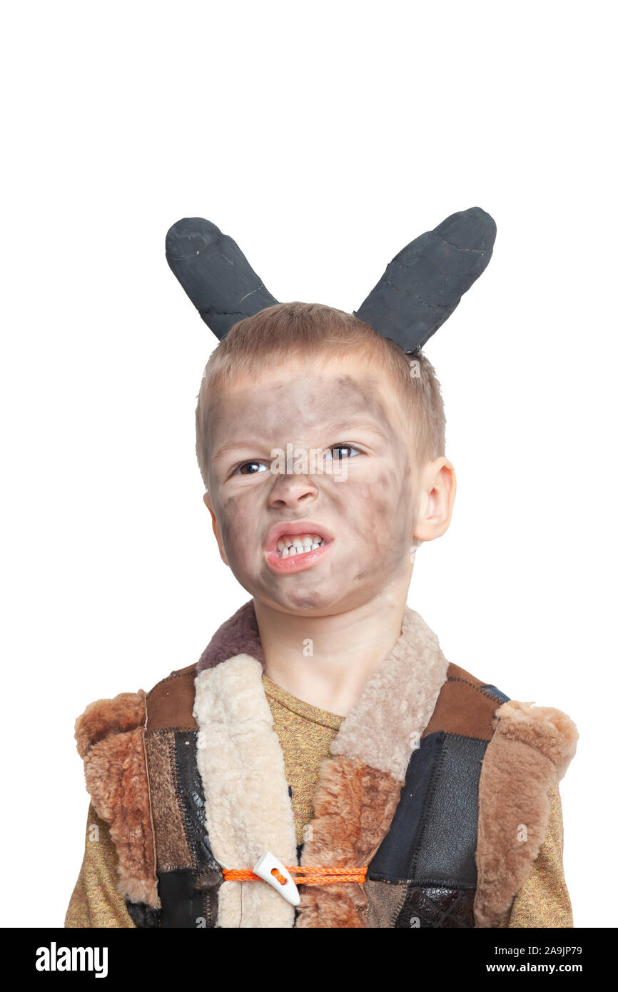 Little boy with trident in a devil costume (on white background Stock ...