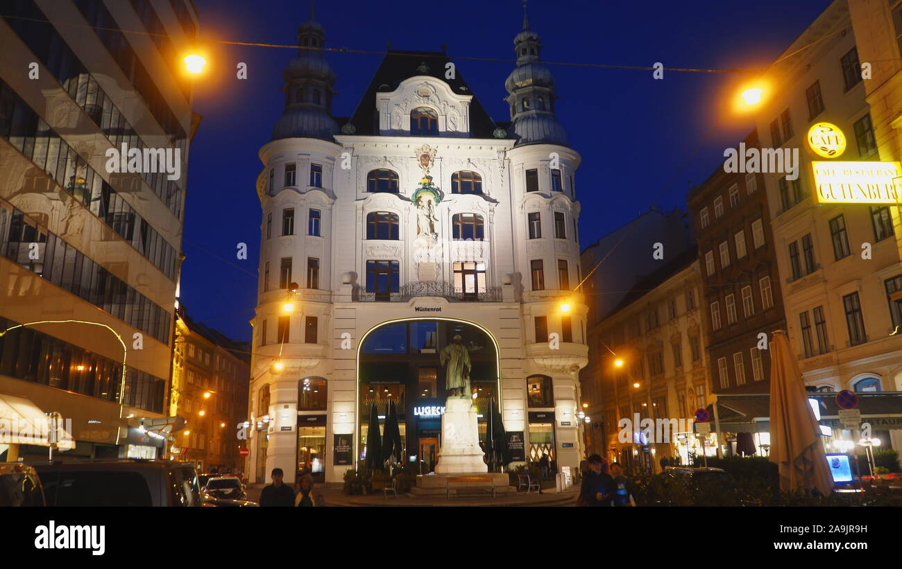 VIENNA, AUSTRIA-OCTOBER, 8, 2017: night shot of lugeck square in the ...