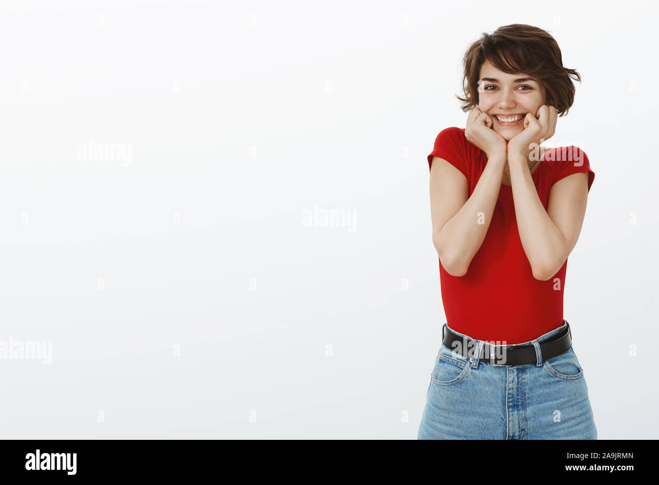 So cute cannot wait. Excited lovely silly attractive smiling happy girl ...