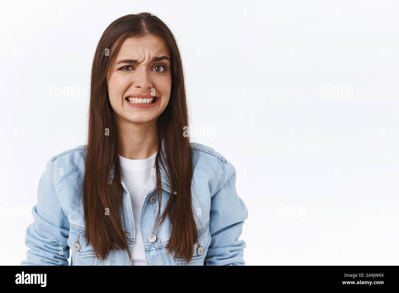 Girl cringe as seeing something embarrassing and bothering. Woman make ...